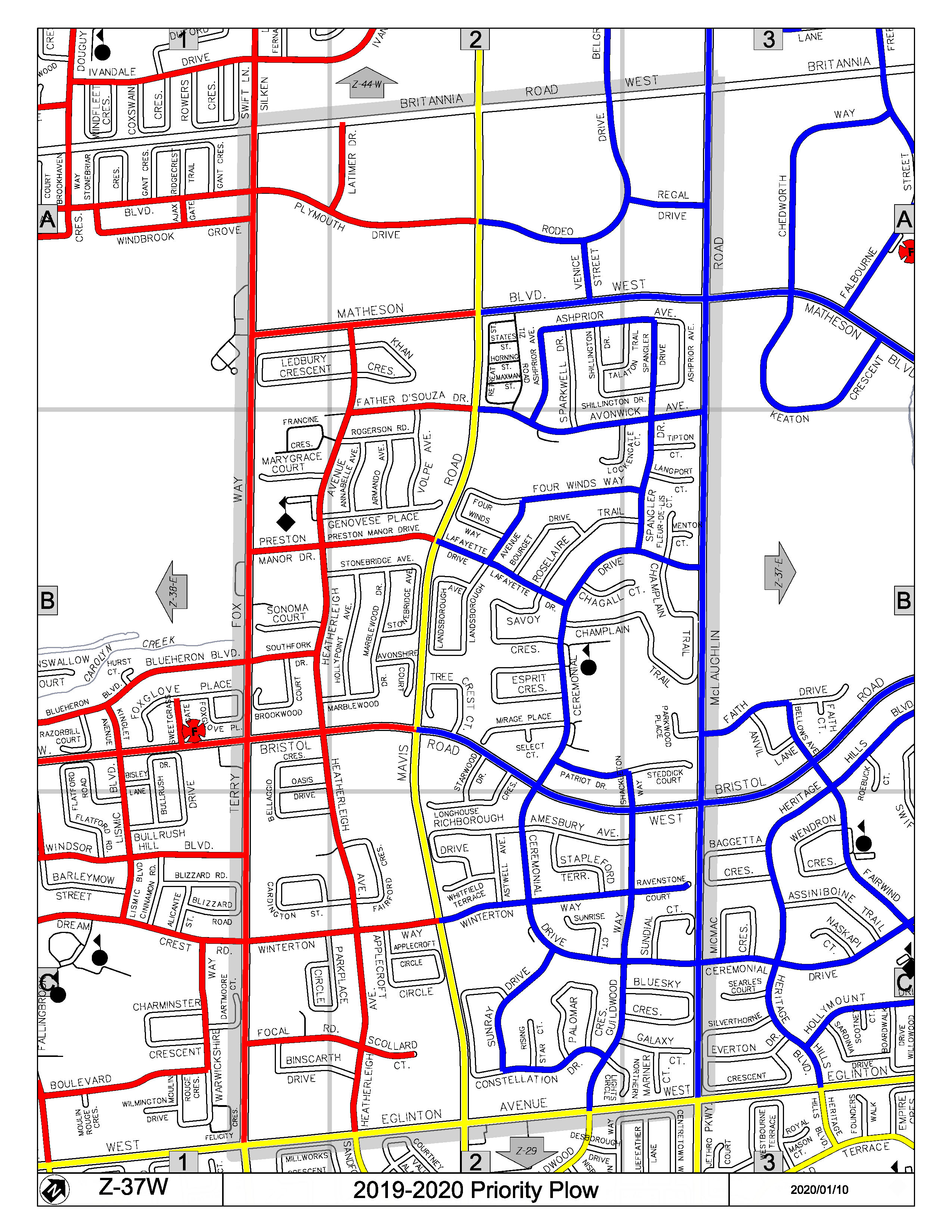 Map Z-37w of the Priority Road System for Snow Plowing