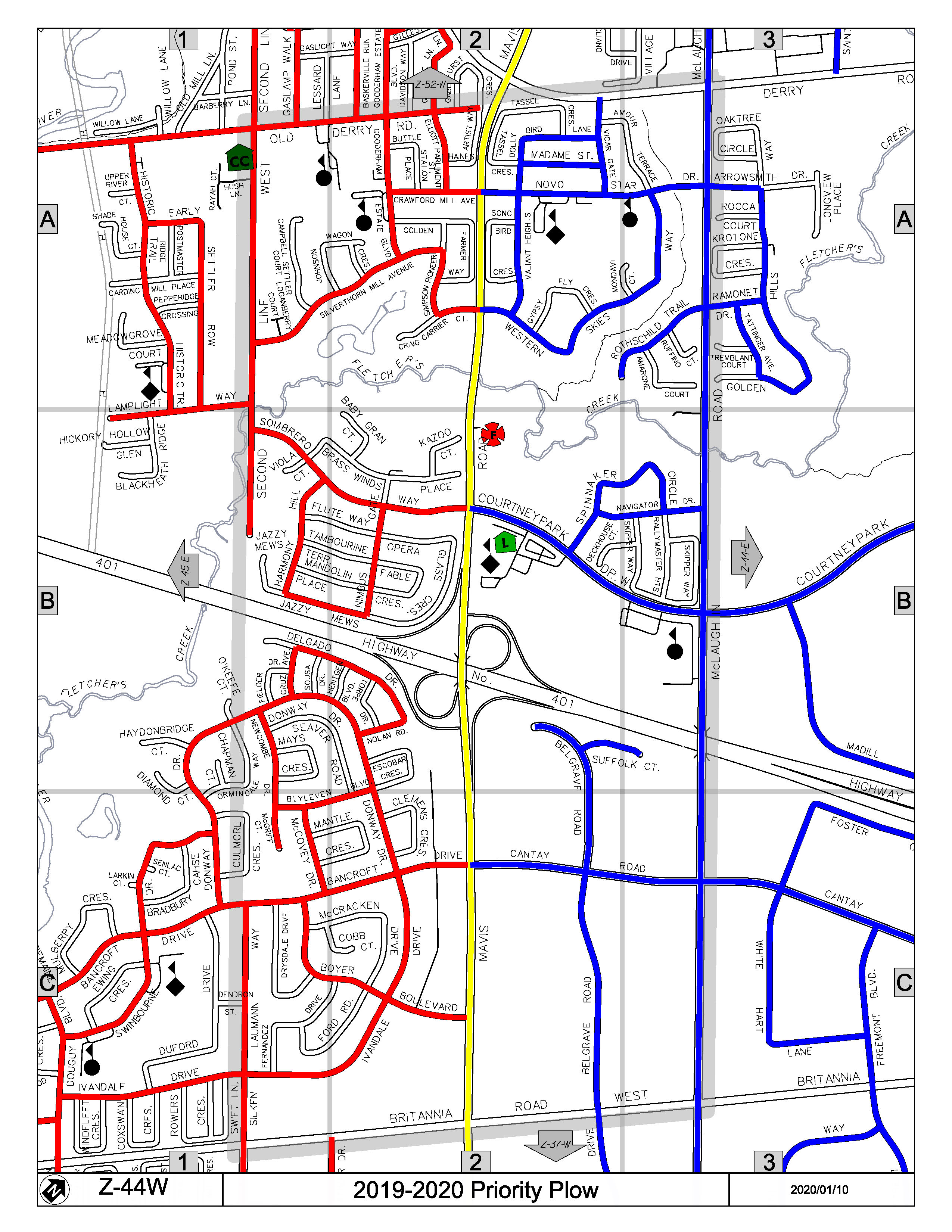 Map Z-44w of the Priority Road System for Snow Plowing